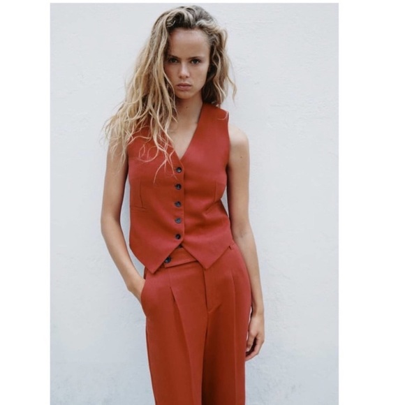 Zara | Jackets & Coats | Zara Red Burnt Umber Linen Vest Topcoat Small ...